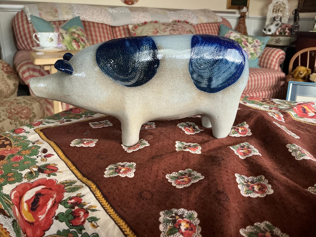 Americana Folk Art David Eldreth Pottery Salt Glaze Cobalt Blue Pig ...
