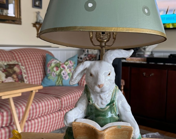 Vintage Lee Karen Handcrafted Table Lamp Bunny Rabbit Reading Book With ...