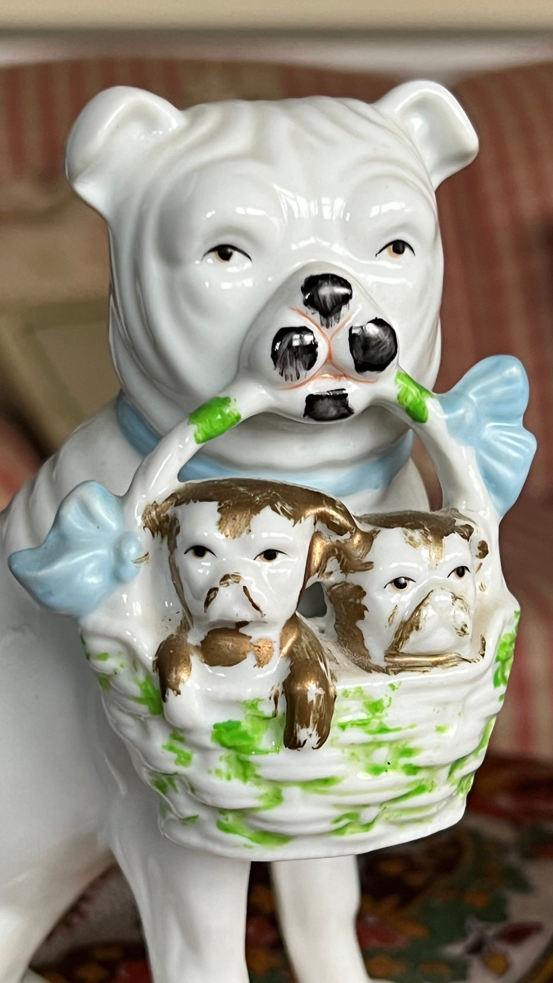 European Country German Bull Dog Holding Basket Figurine - Etsy