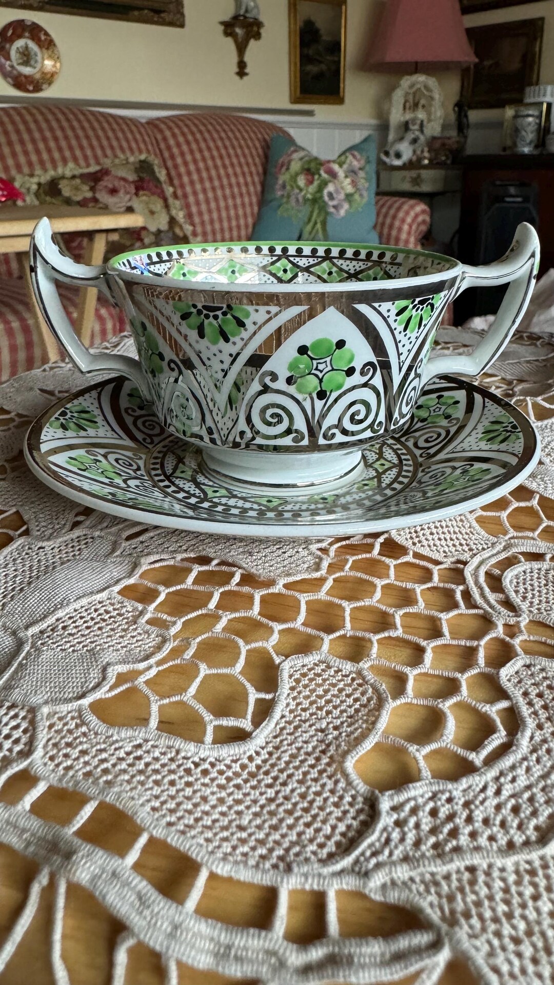 English Country Tea Cup and Saucer Green Flower Platinum Arch by ...
