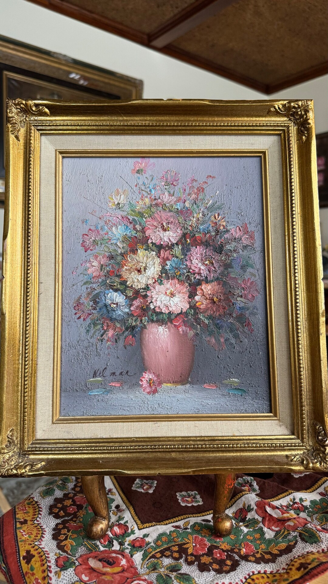 Country Provence Spring Wood Frame Oil Painting Floral Bouquet Vase Art ...