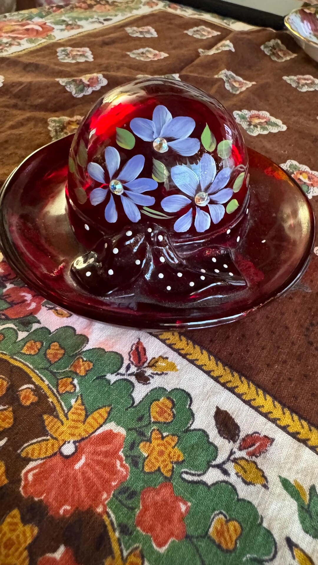 Whimsical Fenton Red Hand Blown Glass With Handpainted Ladies Hat With ...