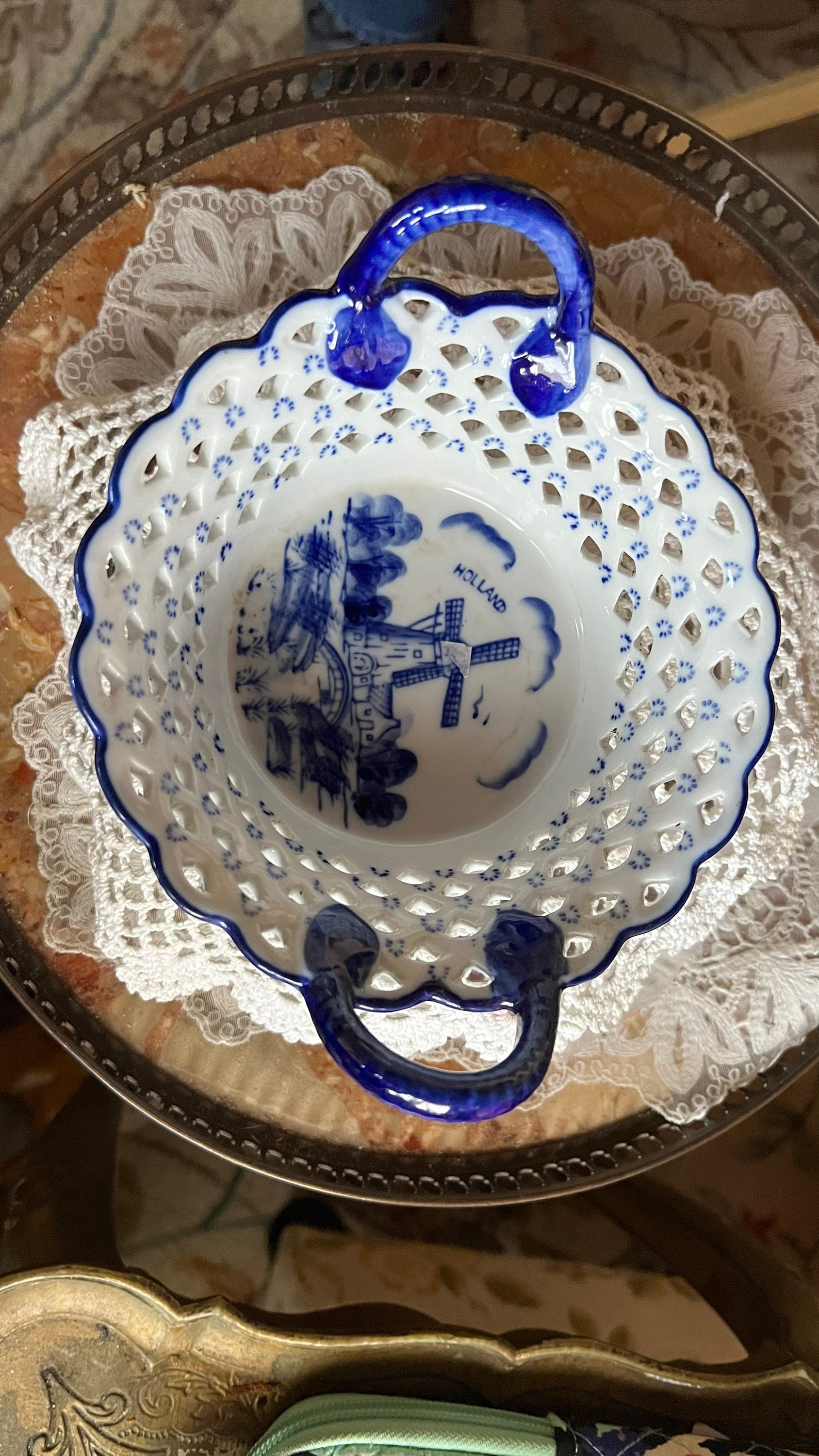 Delft Blue EH Reticulated Porcelain Two Handled Basket Bowl | Etsy
