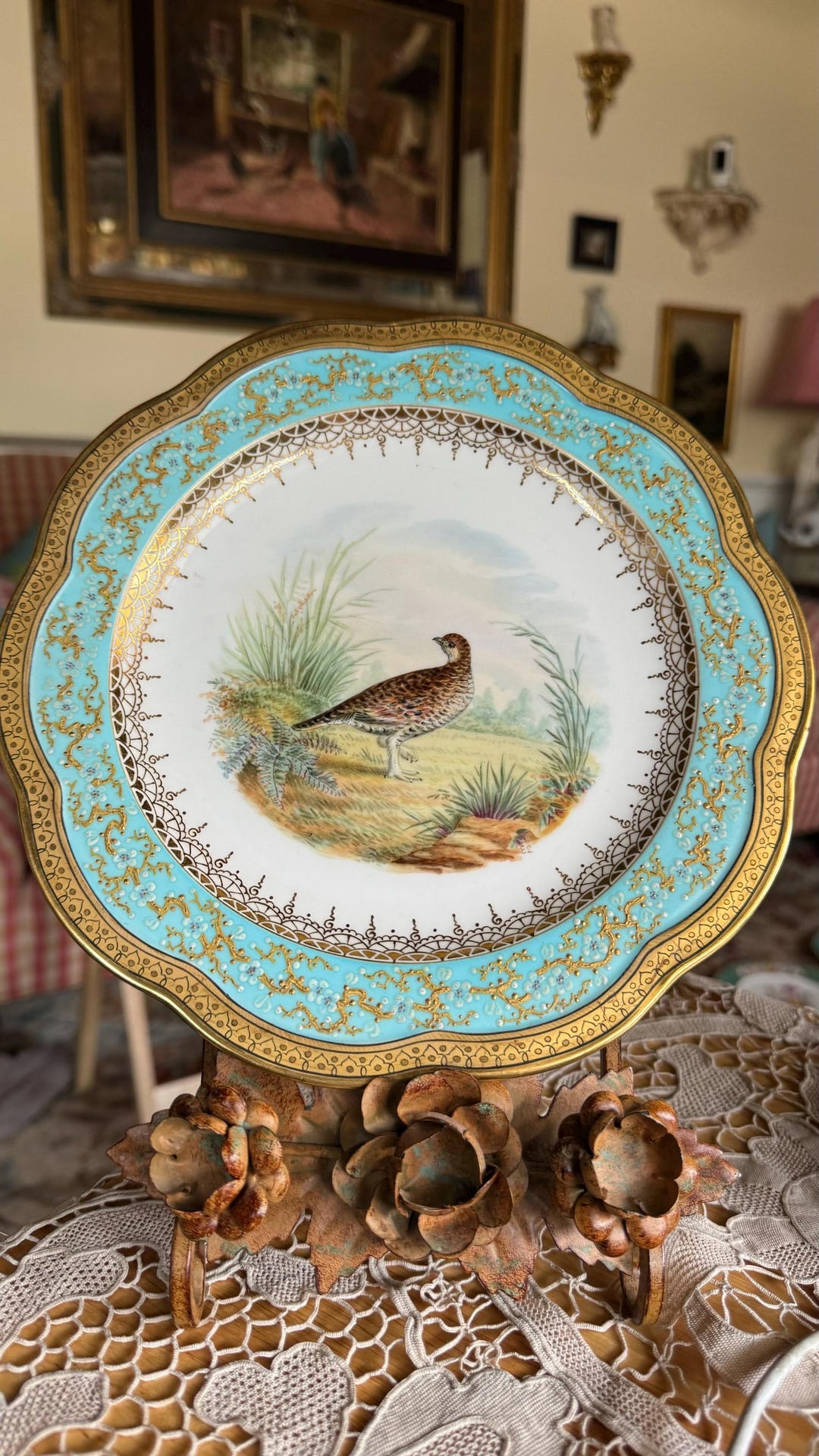 English Country Pheasant Bird French Enamel Pate Sur Pate Border Plate ...