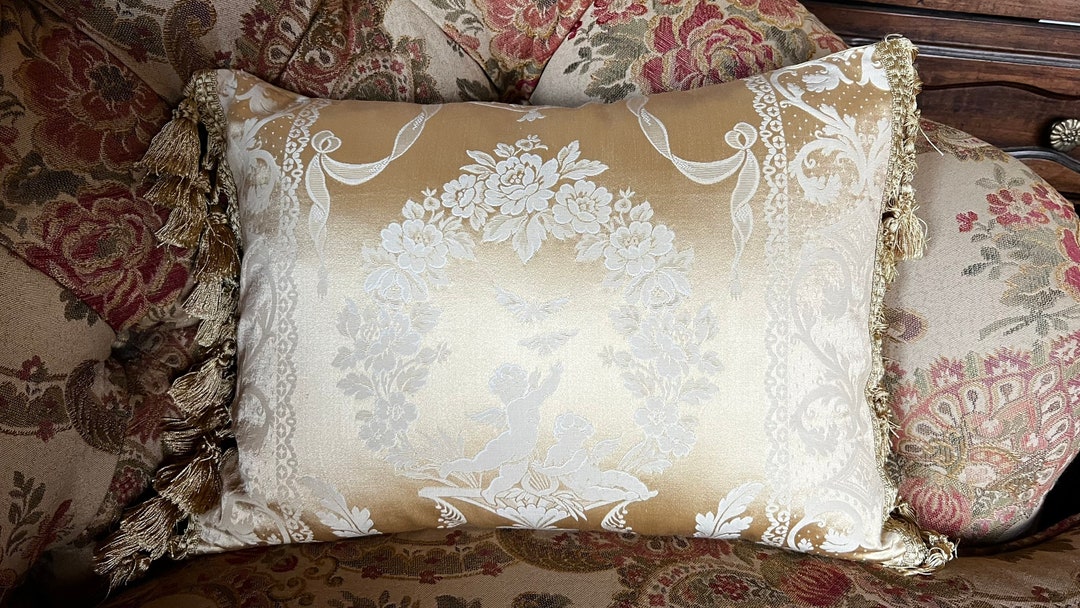 Italian Florentine Fino Lino Gold Silk Cherub Tassel Fringe Lumbar ...