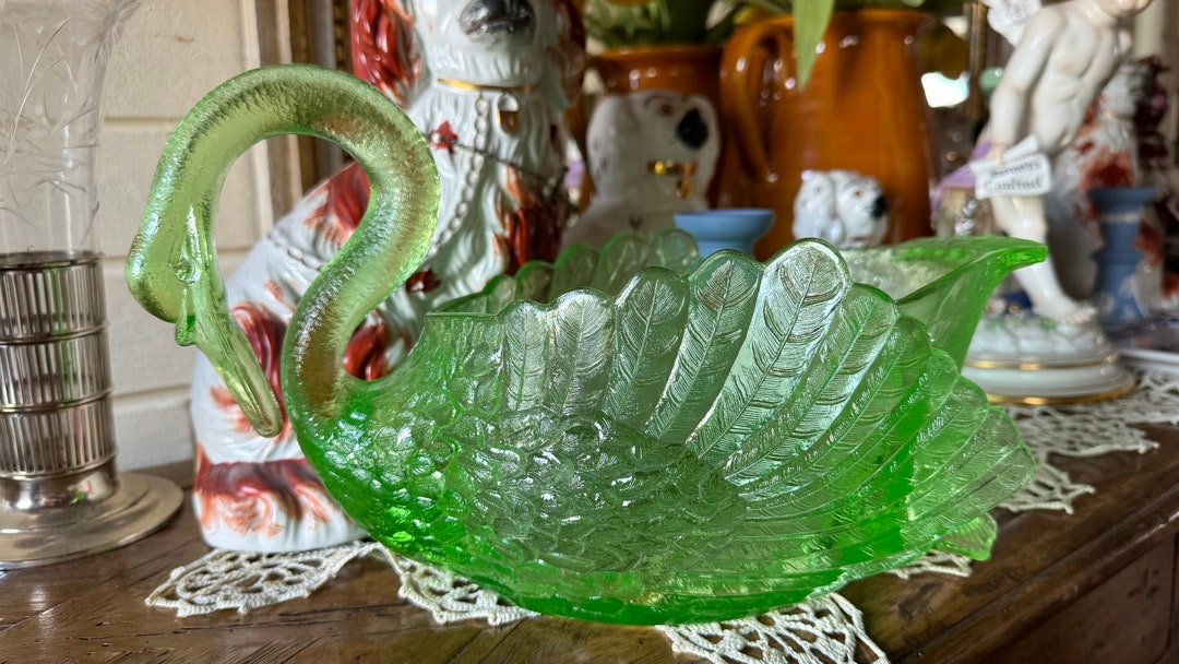 Antique Vaseline Glass Swan Uranium Glass Xlarge Swan Bowl Vase ...