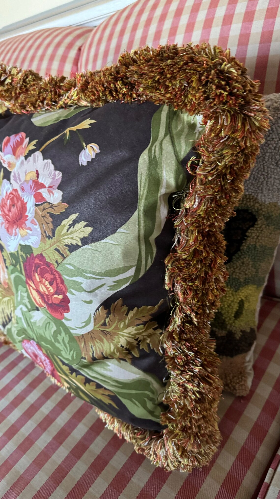 English Country Cottage Chintz Floral and Ribbon Brush Fringe Down ...
