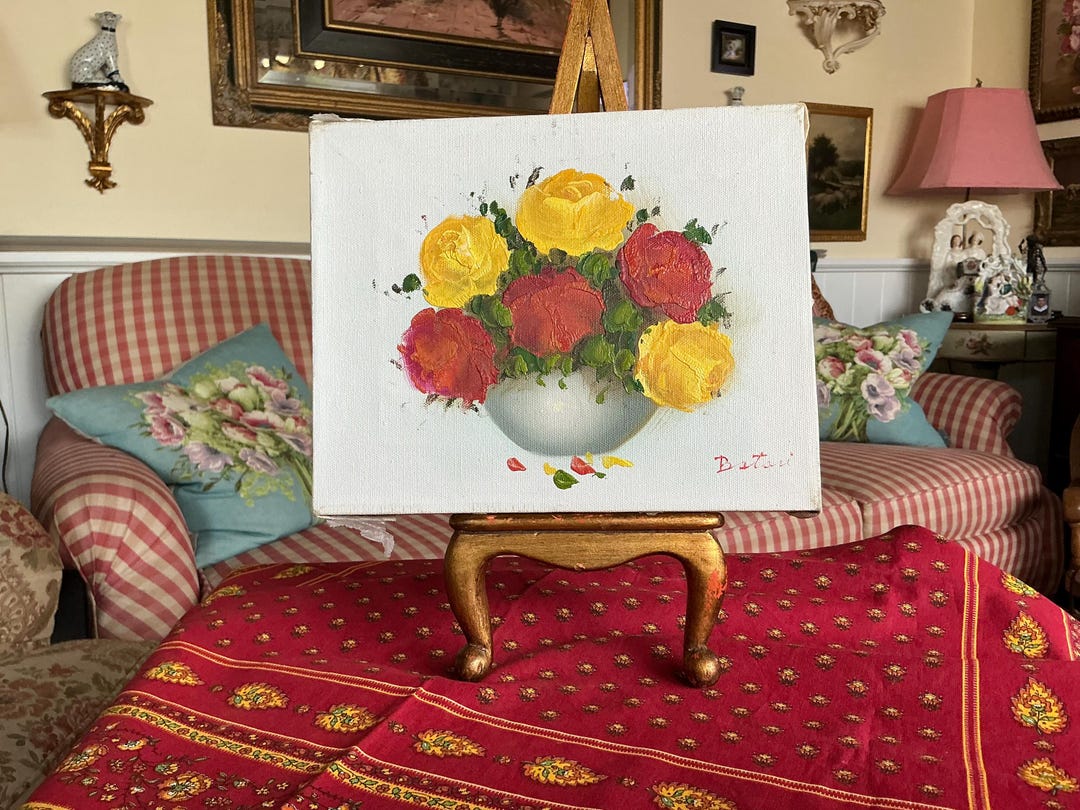 Country Provence Cottage Still Life Flowers in Bowl Oil Painting Framed ...