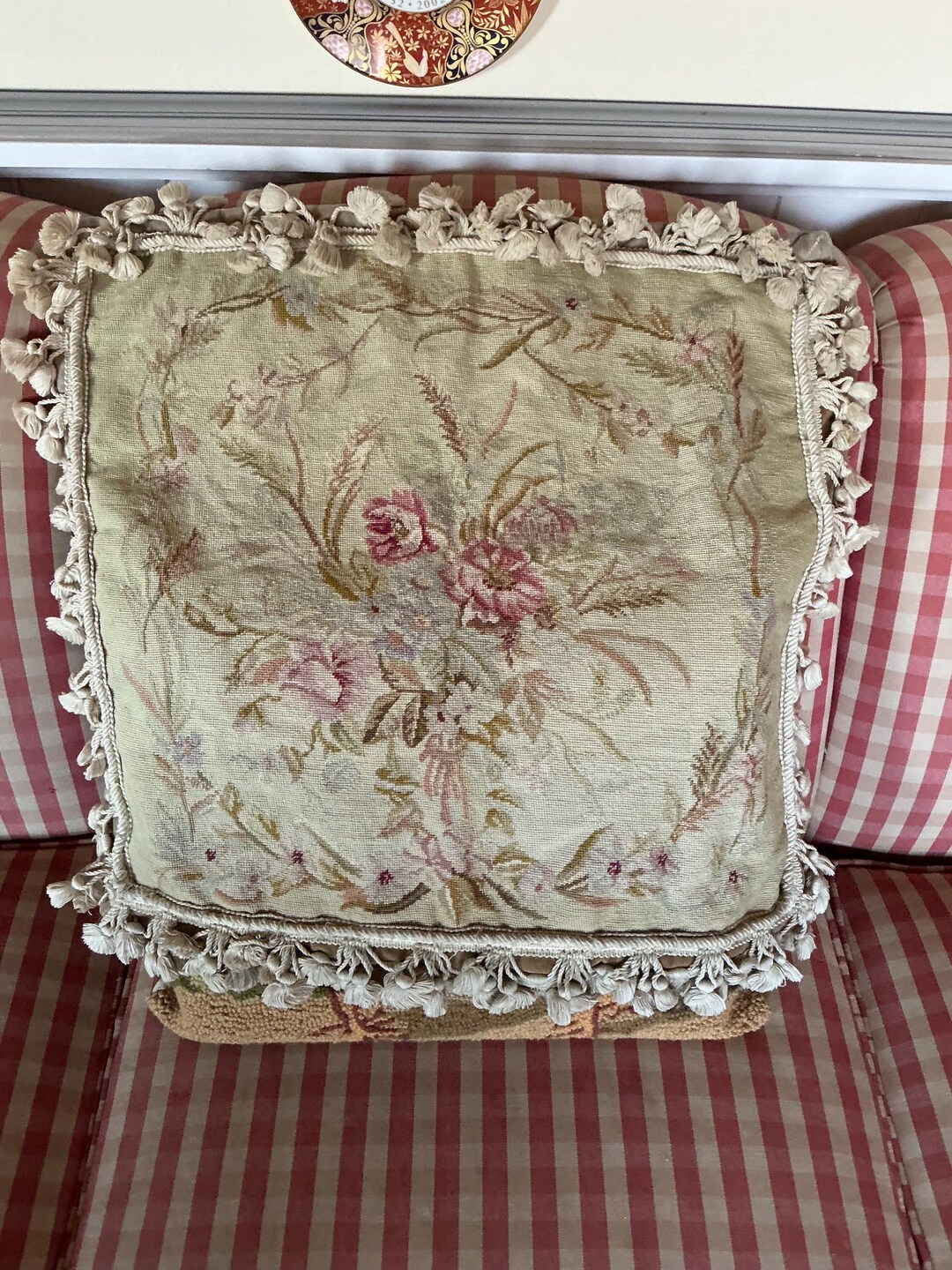 French Provence Petit Point Needlepoint Tassel Fringe Floral Roses ...