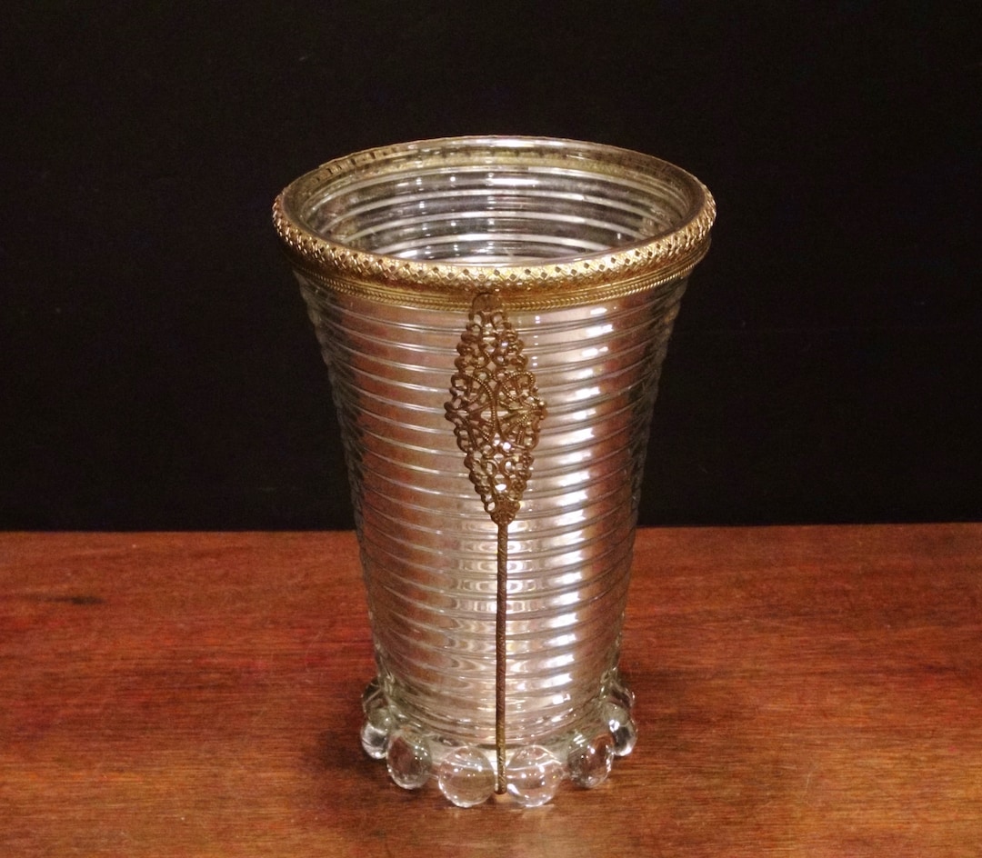 Vintage Ribbed Glass and Gold Filigree Vase - Etsy