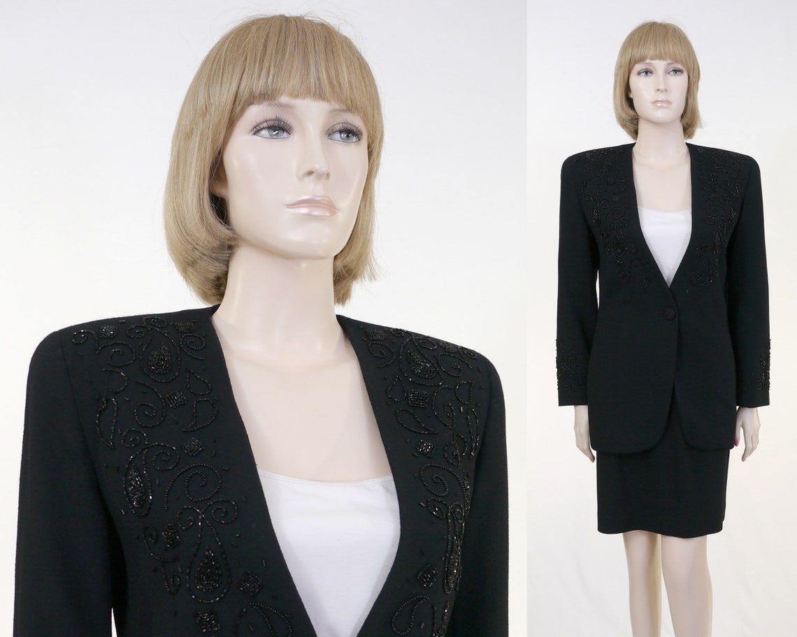Vintage Talbots Petite Black Suit 2 Piece Suit Beaded Jacket Women's ...