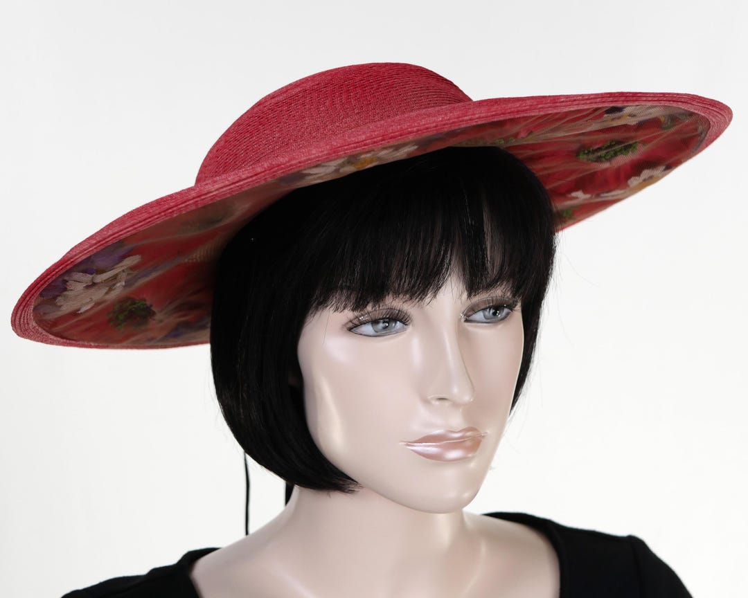 Vintage Wide Brim Hat W/floral Underside - Red Platter Hat - New York ...