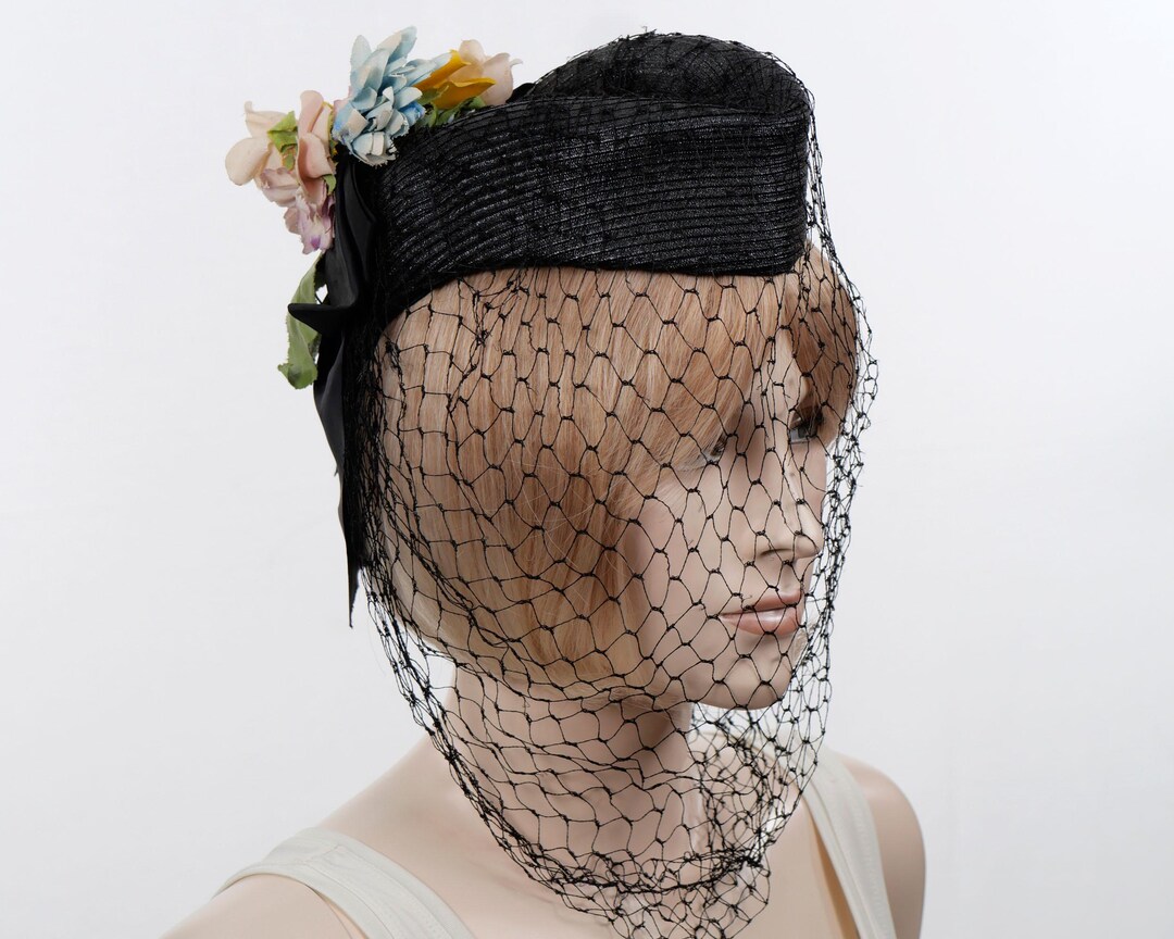 Vintage Mourning Hat With Veil and Flowers - Hat With Bow - Garrison ...