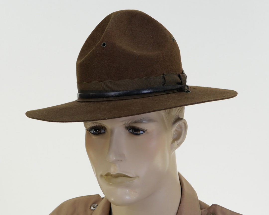 Vintage Brown Campaign Hat 100% Wool Felt Size 6 7/8 Chin Strap Ranger ...