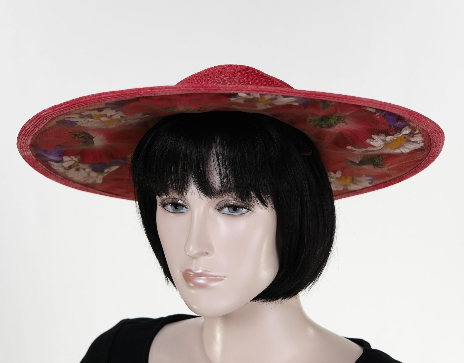 Vintage Wide Brim Hat W/floral Underside - Red Platter Hat - New York ...