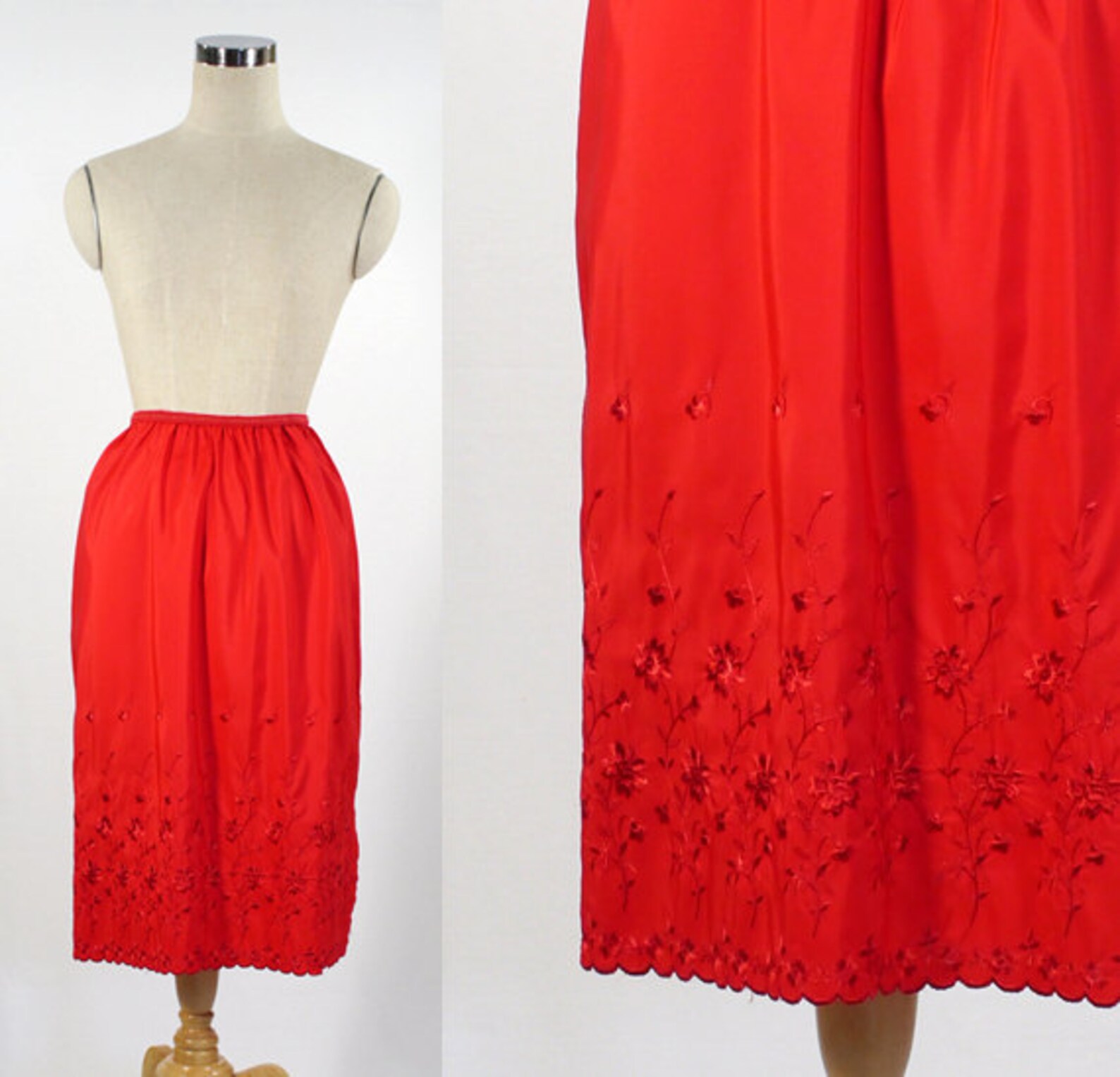 Vintage Women's Lingerie Red Satin Embroidered Half Slip 1960s American ...