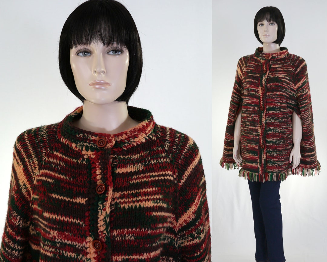 Vintage Knit Sweater Cape Boho Cape Brown, Rust, Tan Cape Sweater Cape ...