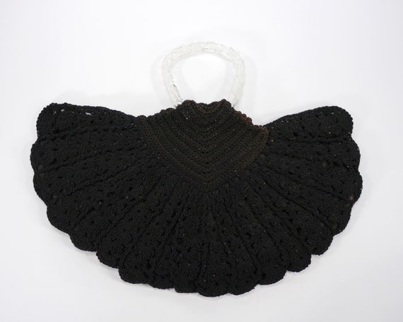 Vintage 1940's Half Moon Black Crocheted Fan Purse - … - Gem