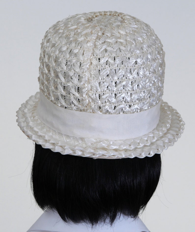 Mid-century White Woven Raffia Hat - 1960's Fashion - Grosgrain Detail ...
