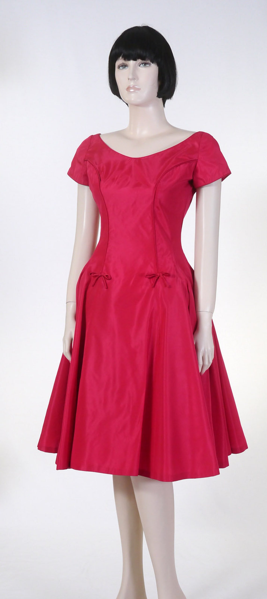 Vintage 1980s Prom Dress - Fit & Flare - Magenta Satin Dress - Taffeta ...