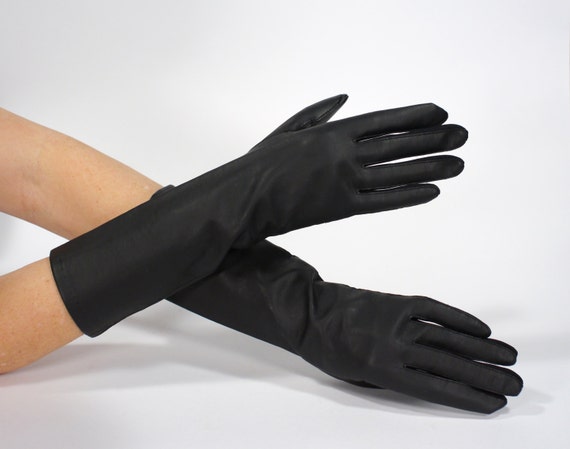 Vintage Black Women s Dress Gloves Fourchette Stretch Nylon Vinyl Below Elbow Ladies Size S M 1960s Etsy