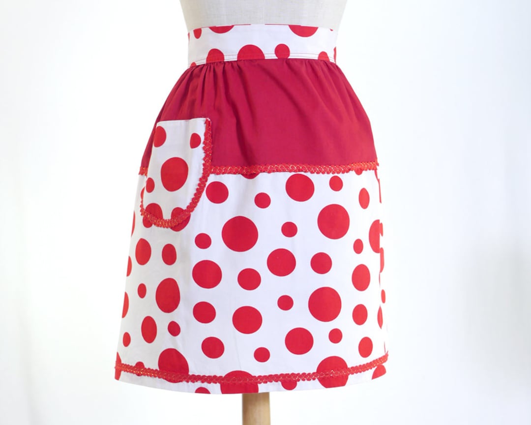 Vintage 1960s Women's Half Apron / White With Red Spots Cotton Apron ...