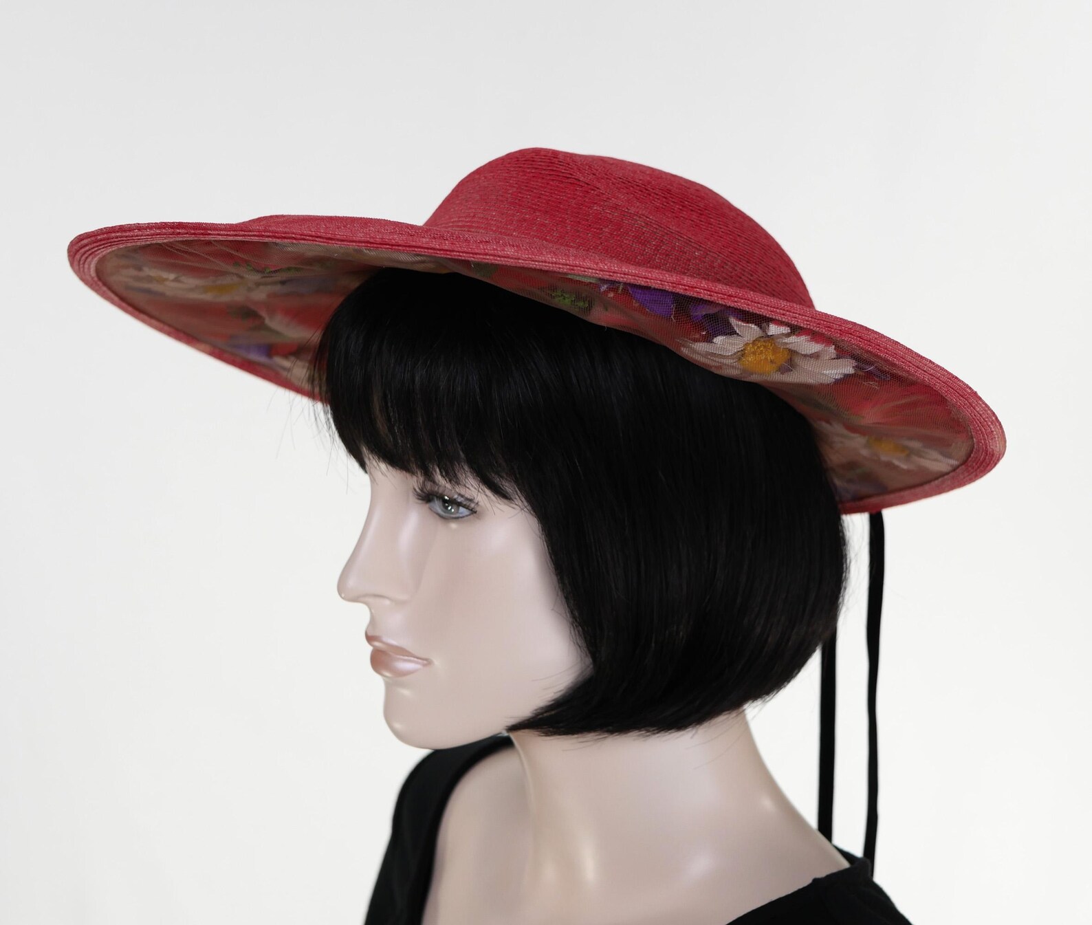 Vintage Wide Brim Hat W/floral Underside - Red Platter Hat - New York ...