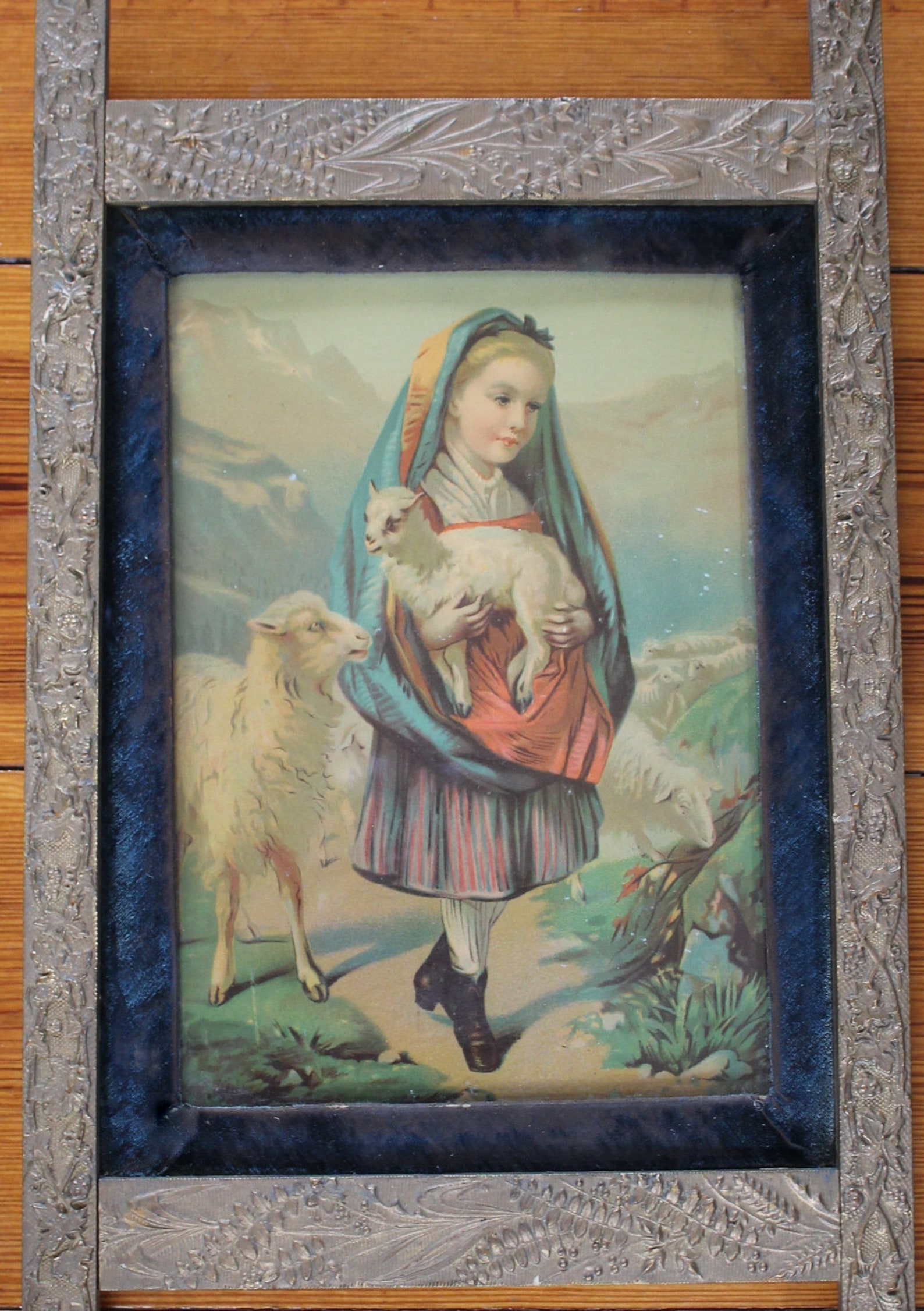 Antique Hand Colored Lithograph Print Little Girl With Baby Lamb Sheep ...