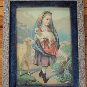Antique Hand Colored Lithograph Print Little Girl With Baby Lamb Sheep ...