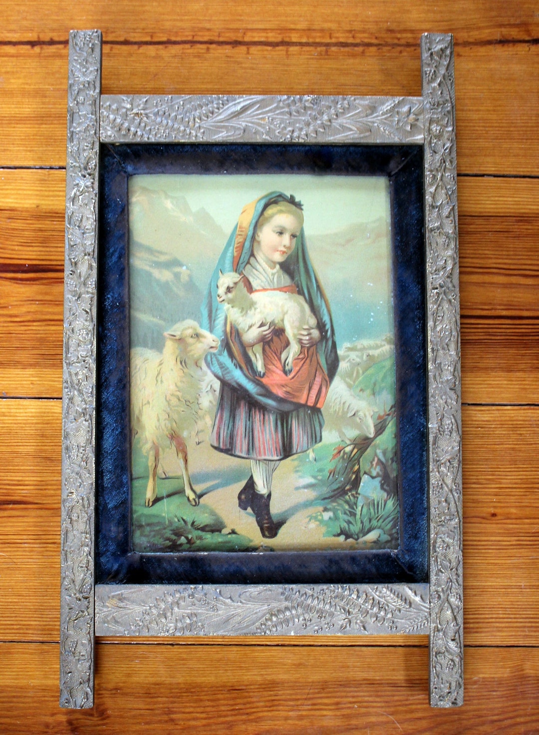 Antique Hand Colored Lithograph Print Little Girl With Baby Lamb Sheep ...