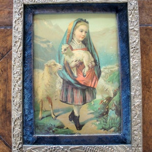 Antique Hand Colored Lithograph Print Little Girl With Baby Lamb Sheep ...