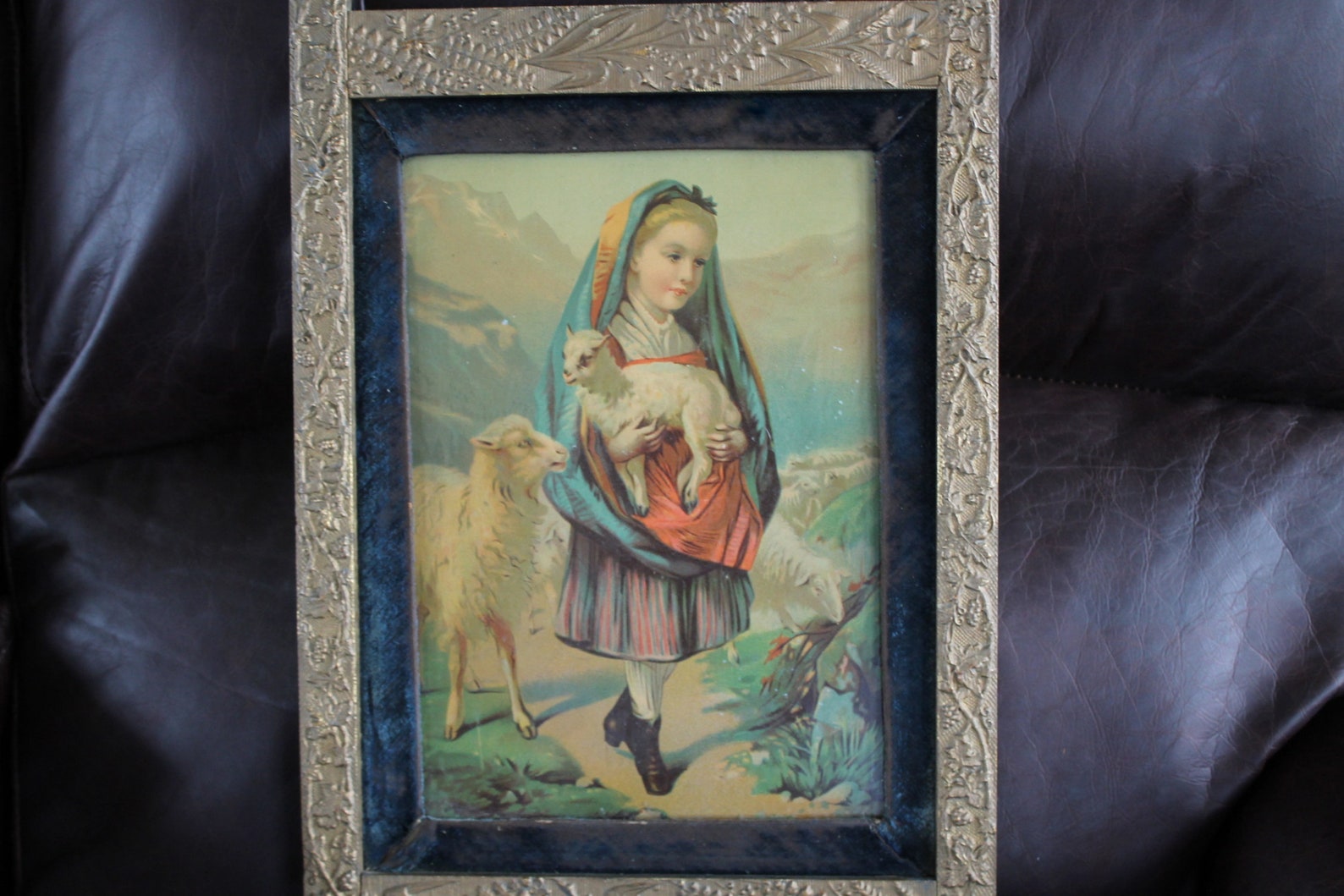 Antique Hand Colored Lithograph Print Little Girl With Baby Lamb Sheep ...