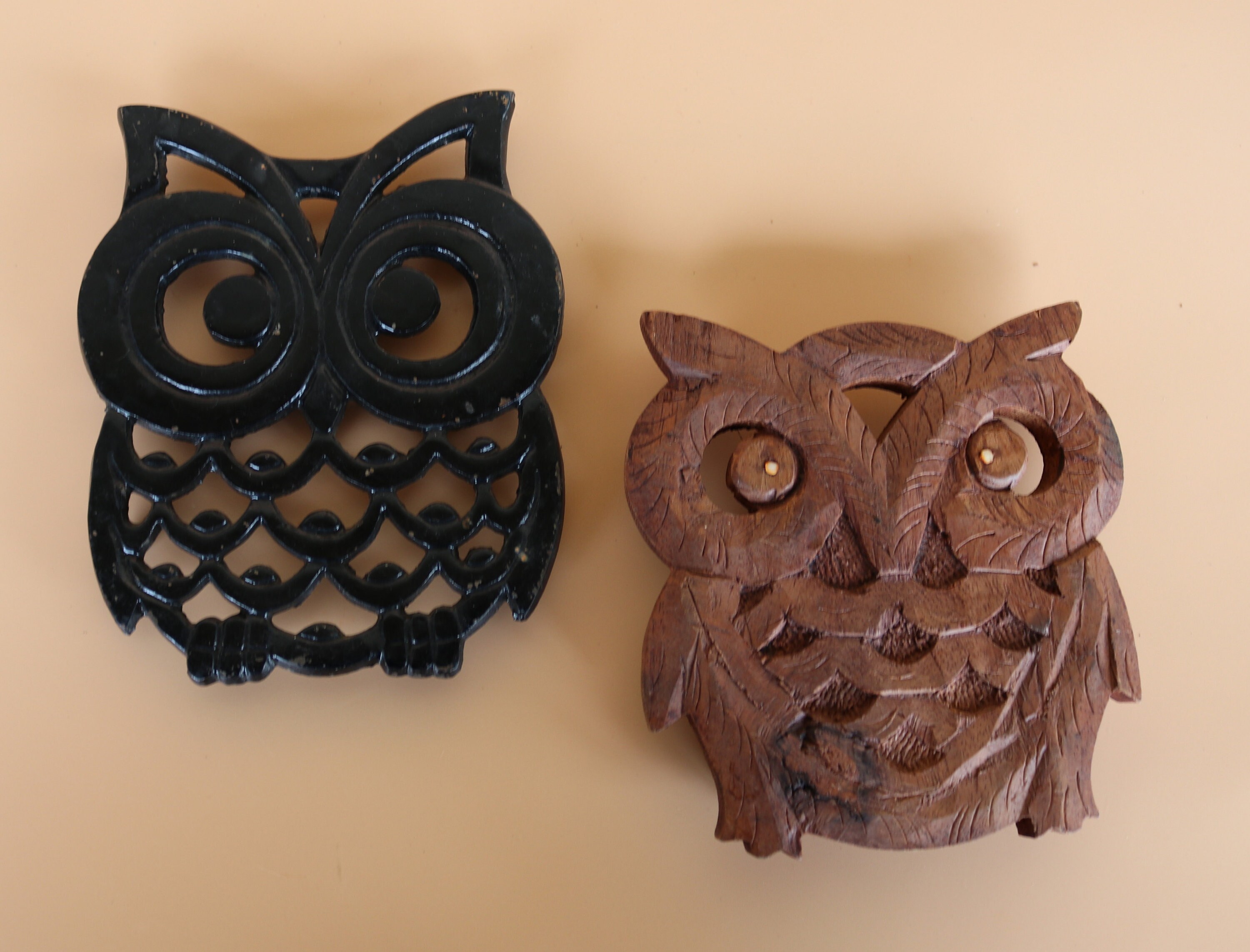Vintage Metal & Carved Wood OWL Trivet Lot Woodland Art Boho | Etsy