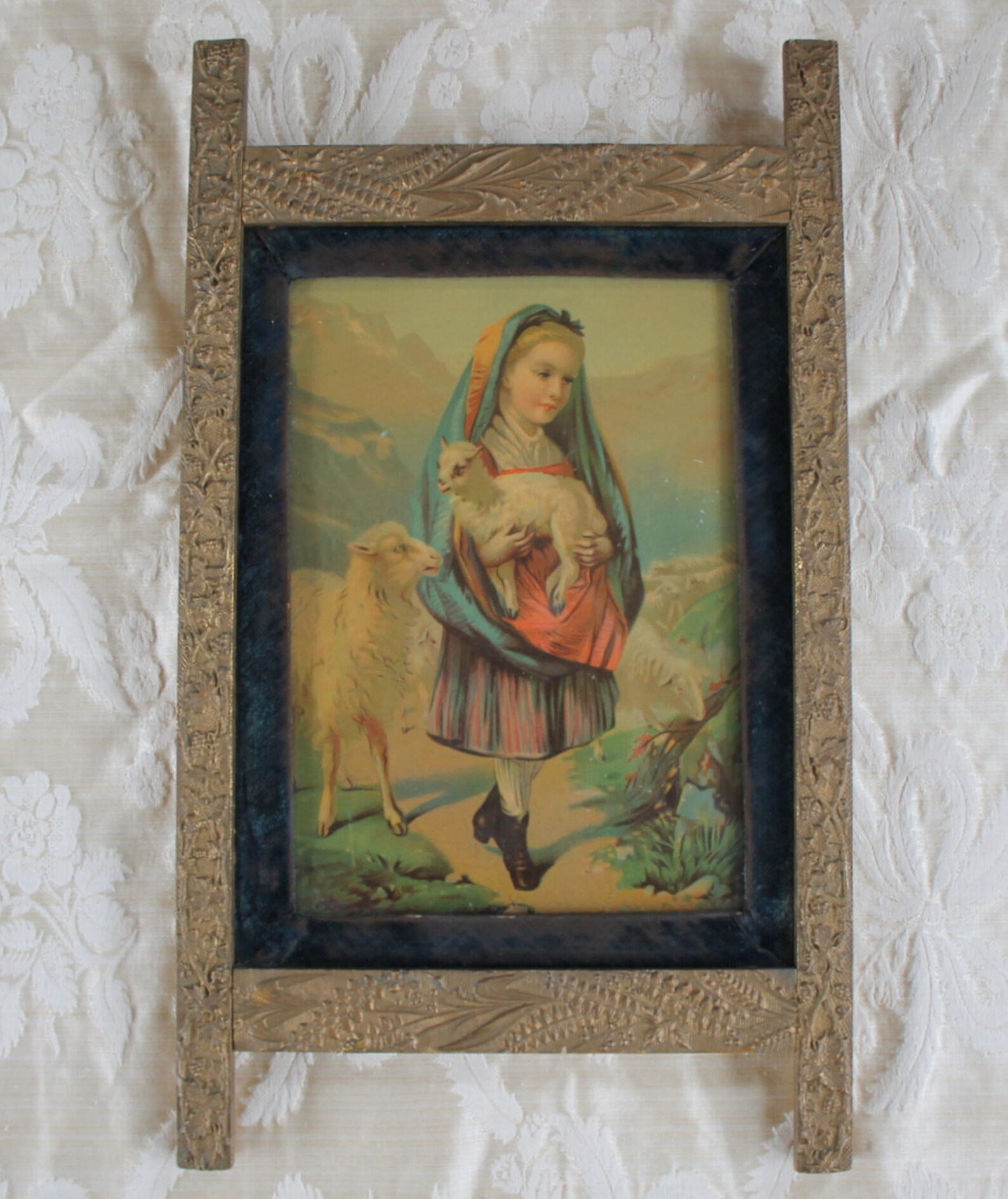 Antique Hand Colored Lithograph Print Little Girl With Baby Lamb Sheep ...