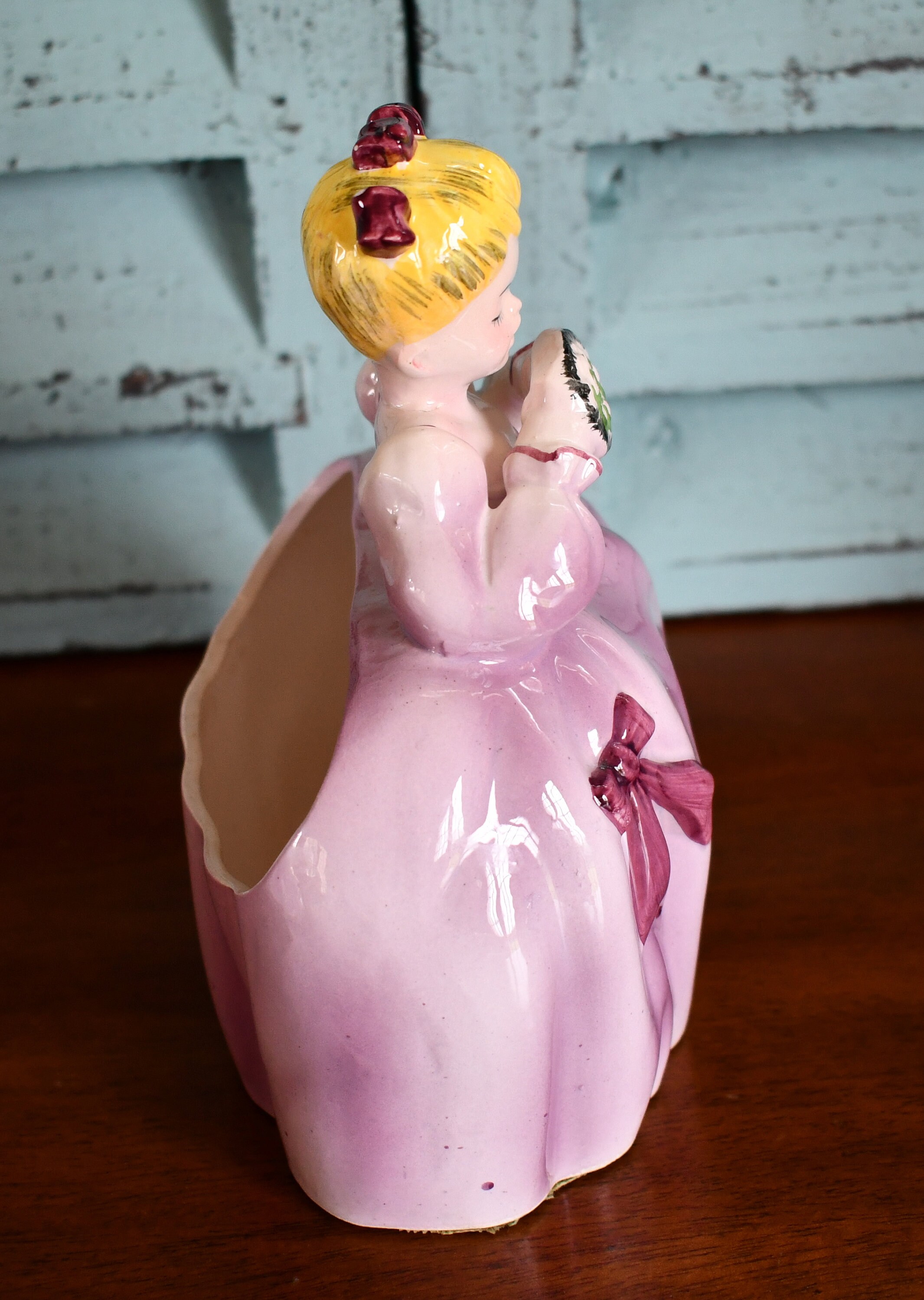 Vintage Porcelain Figural Planter Lady Girl Purple Dress Holding ...