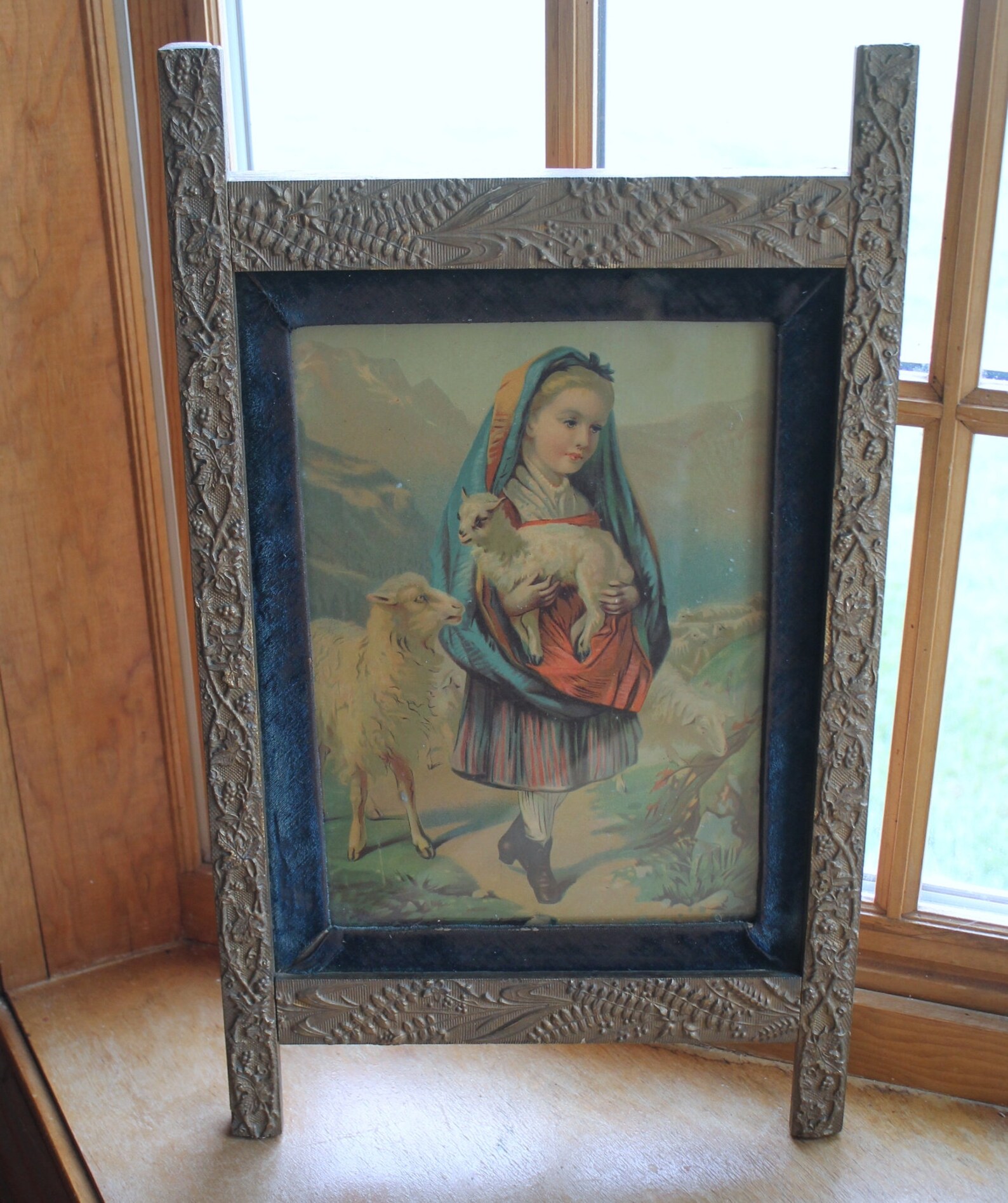 Antique Hand Colored Lithograph Print Little Girl With Baby Lamb Sheep ...