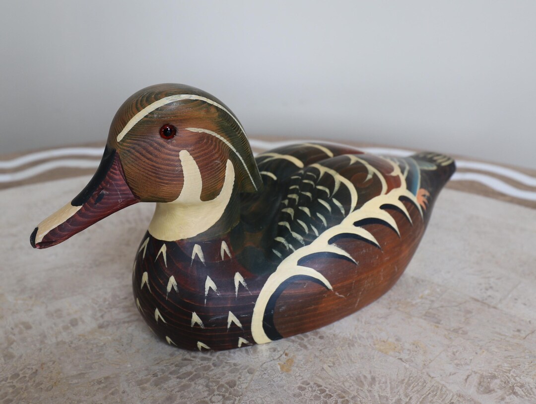Artist Signed Hand Painted Carved Wood DRAKE DUCK - Glass Eyes Wooden ...