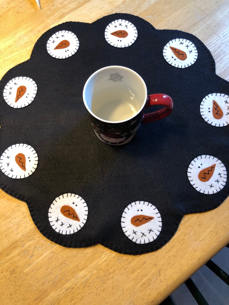 18 Inch Table Mat /candle Mat With Snowman Faces in the Scalloped Edges ...