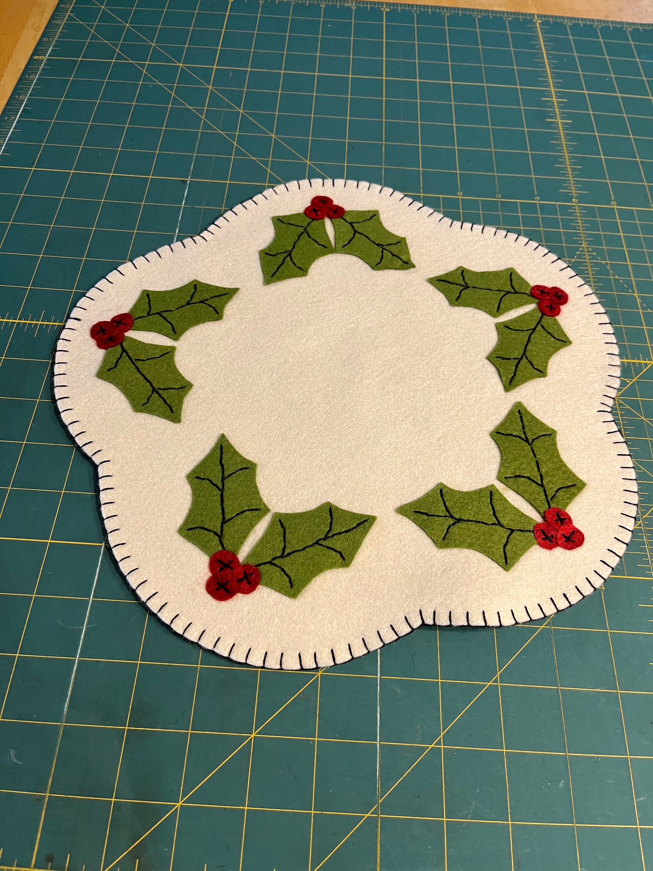 Primitive Holly Table/candle Mat With an off White Background and Green ...