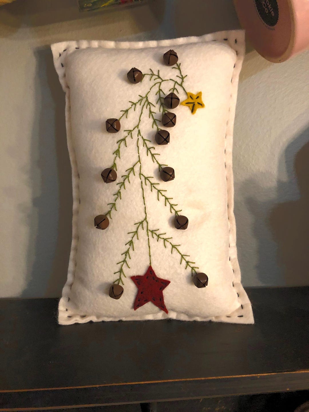 Primitive Pillow With a Feather Tree and Bells on the Branches . - Etsy