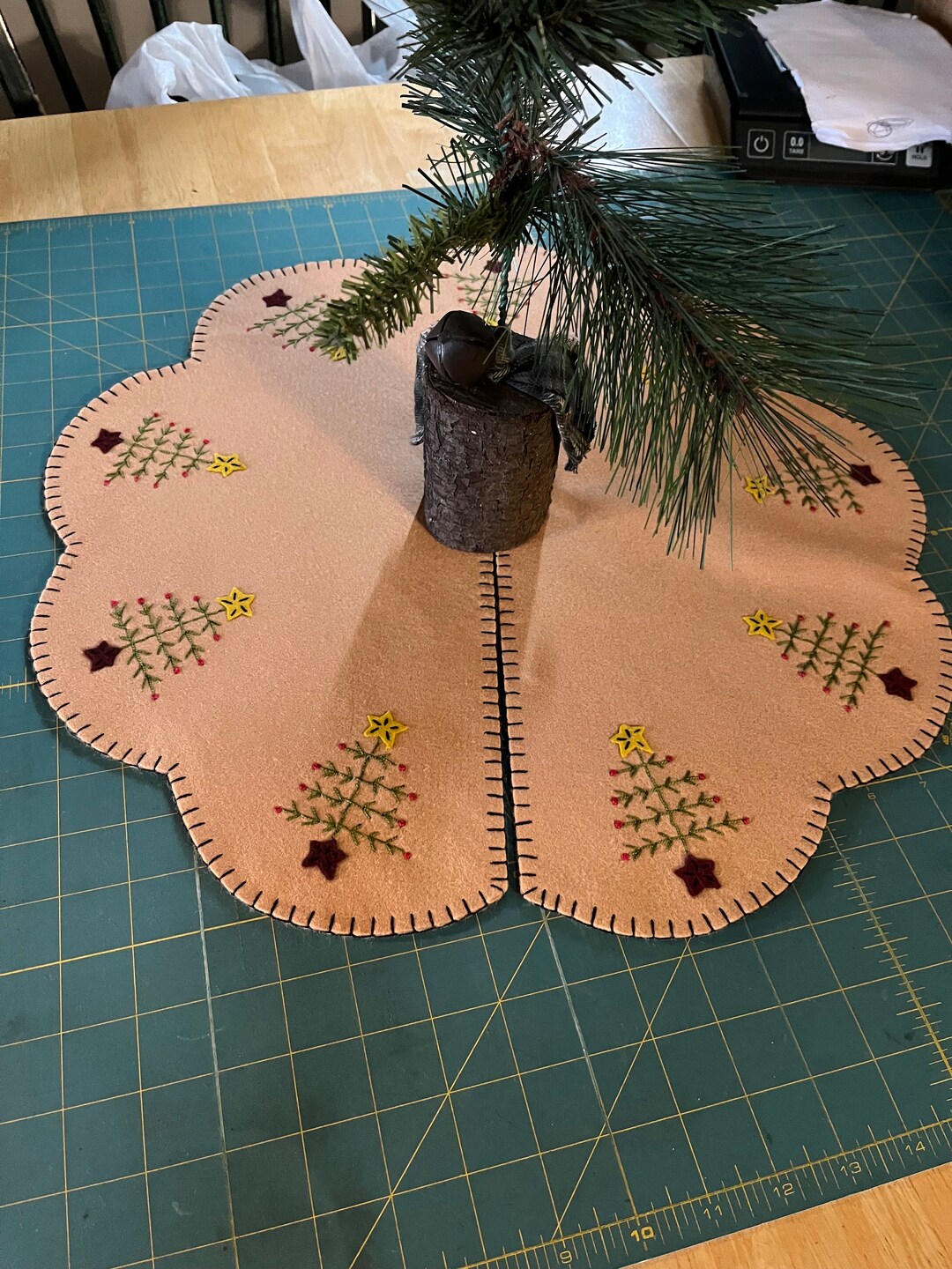 Tree Skirt (hole in Center)with Tan Background and Feather Trees in the ...
