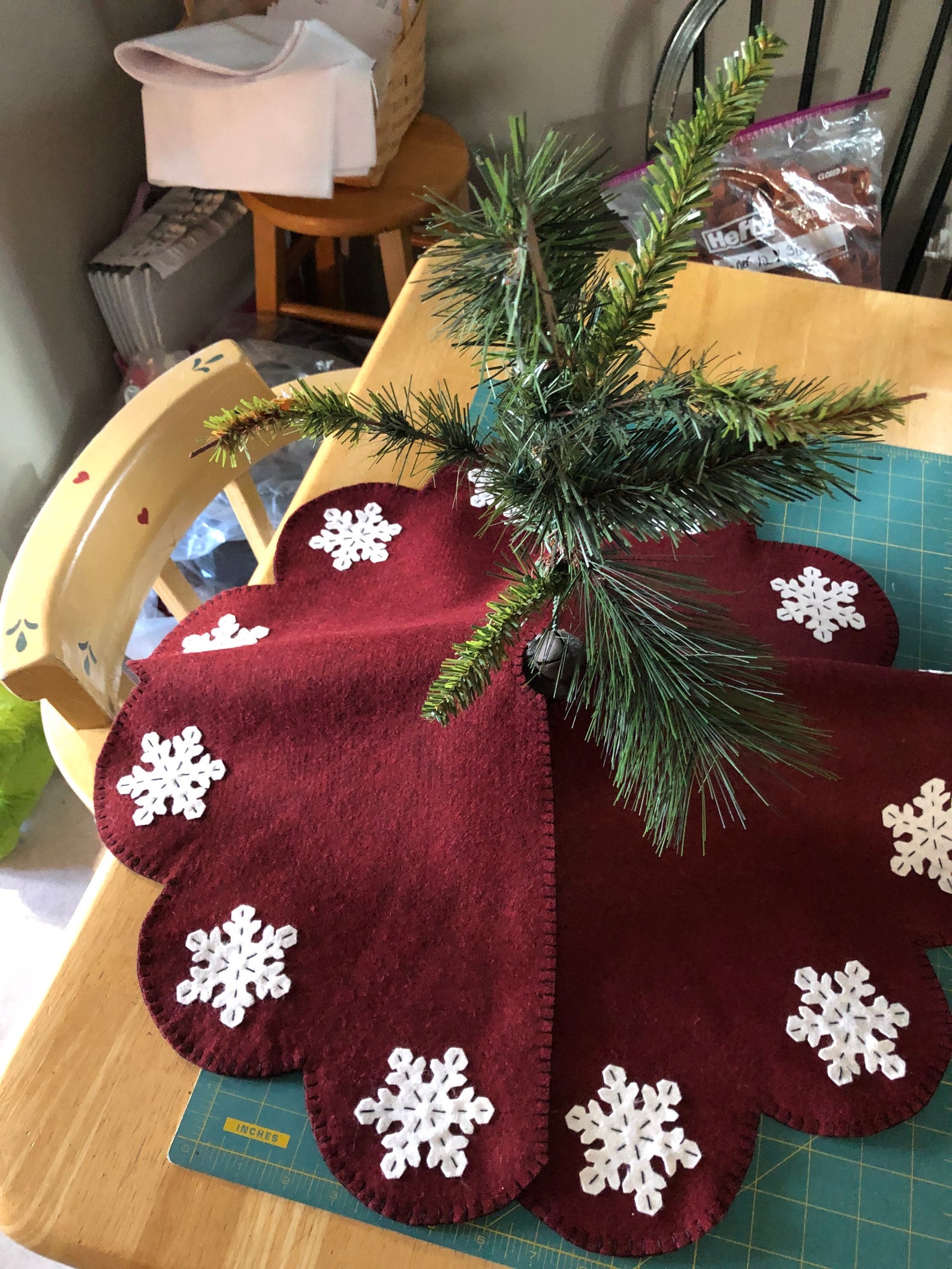 Primitive Snowflake Tree Skirt in Dark Red Background With off White ...