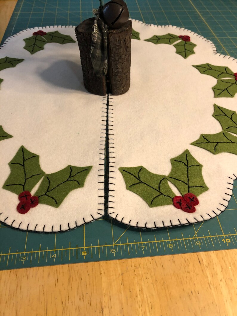 Primitive Holly Tree Skirt With an off White Background and Green Holly ...