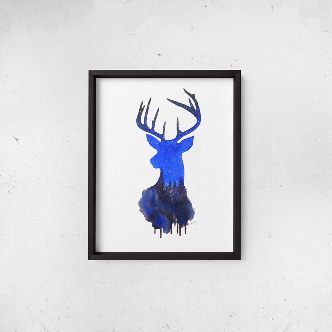 Starry Night Buck Deer With Antlers Silhouette Watercolor Giclee Print ...