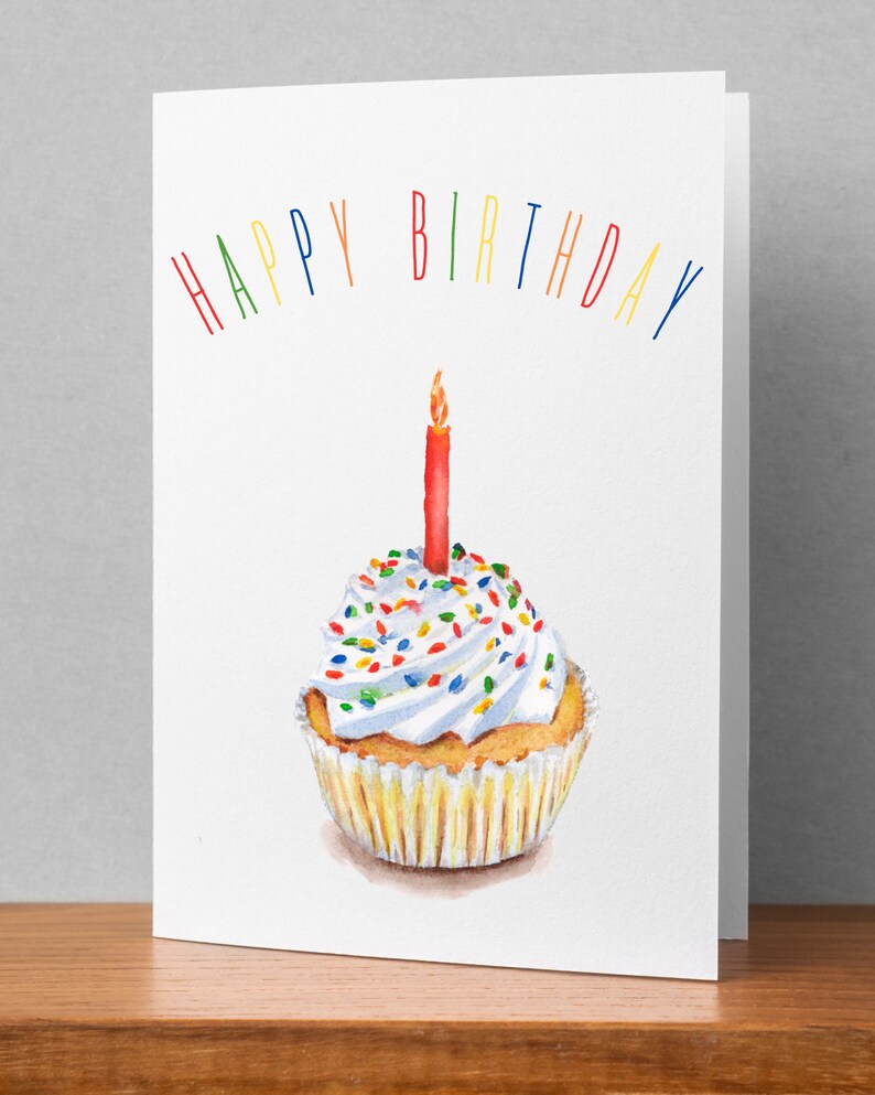 Cupcake Birthday Card Happy Birthday Watercolor Card Minimalist ...
