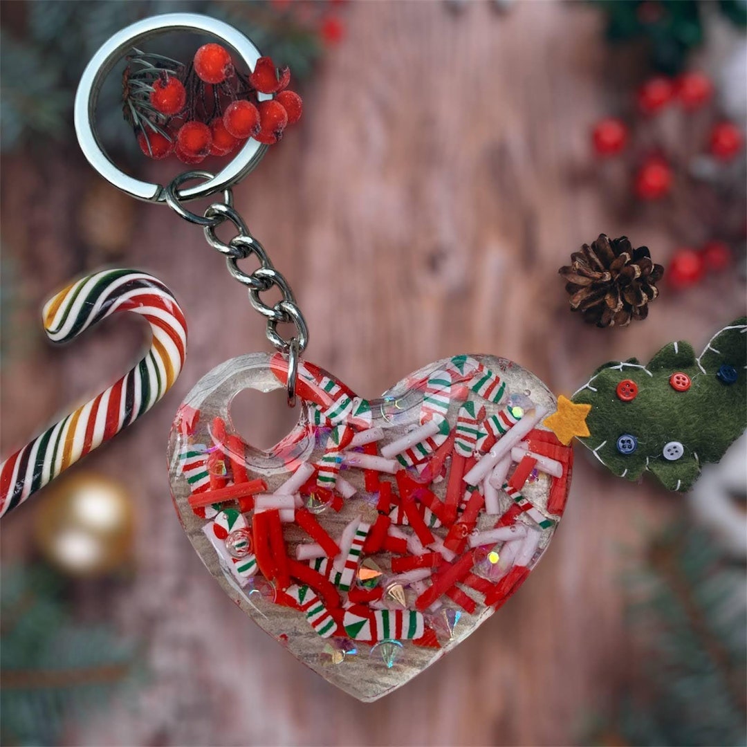 Candy Cane and Sprinkles Heart Shaped Keychain, Christmas Keyring ...