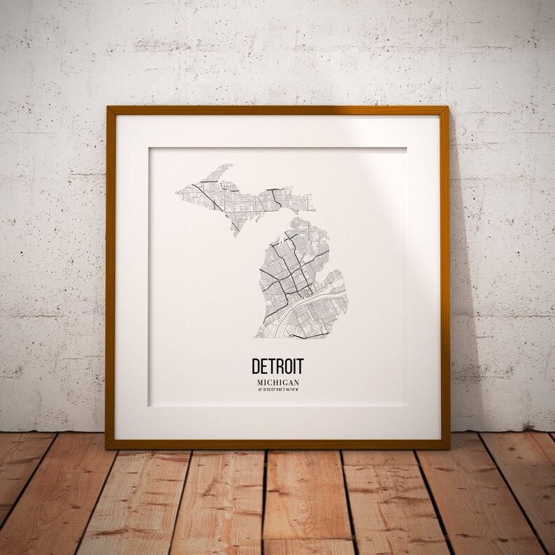 Detroit street map in Michigan state map B&W prints wall art | Etsy