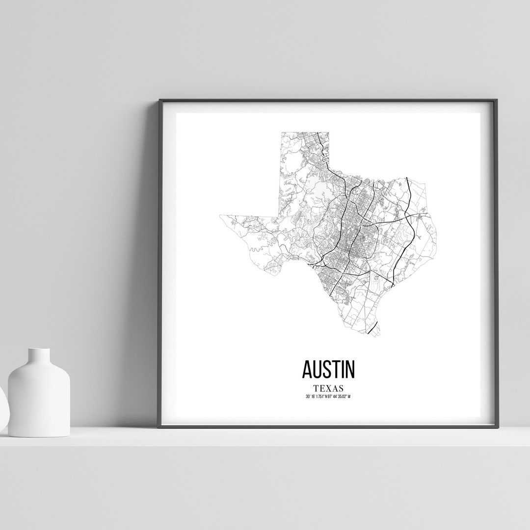 Austin Street Map in Texas State Map B&W Prints Wall Art - Etsy