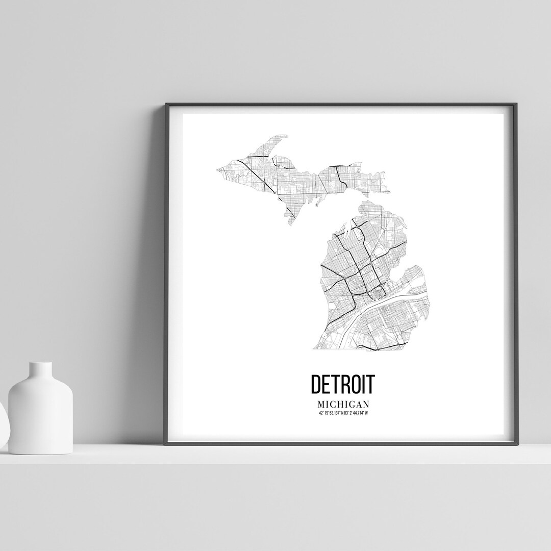 Detroit Street Map in Michigan State Map B&W Prints Wall Art - Etsy