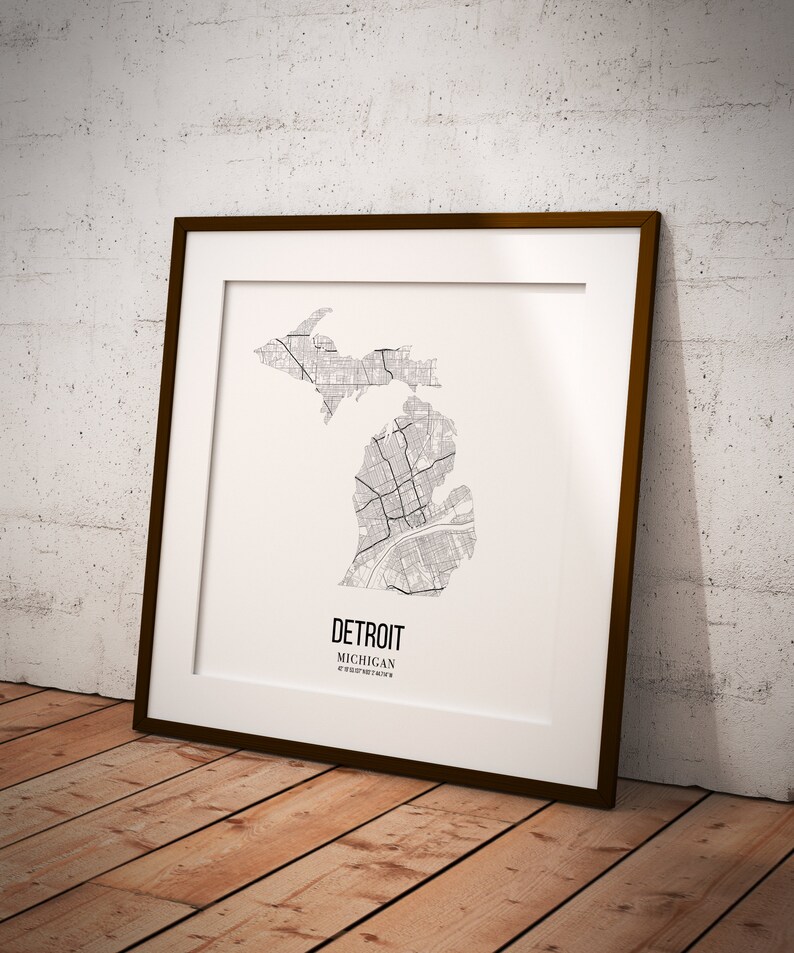 Detroit Street Map in Michigan State Map B&W Prints Wall Art - Etsy